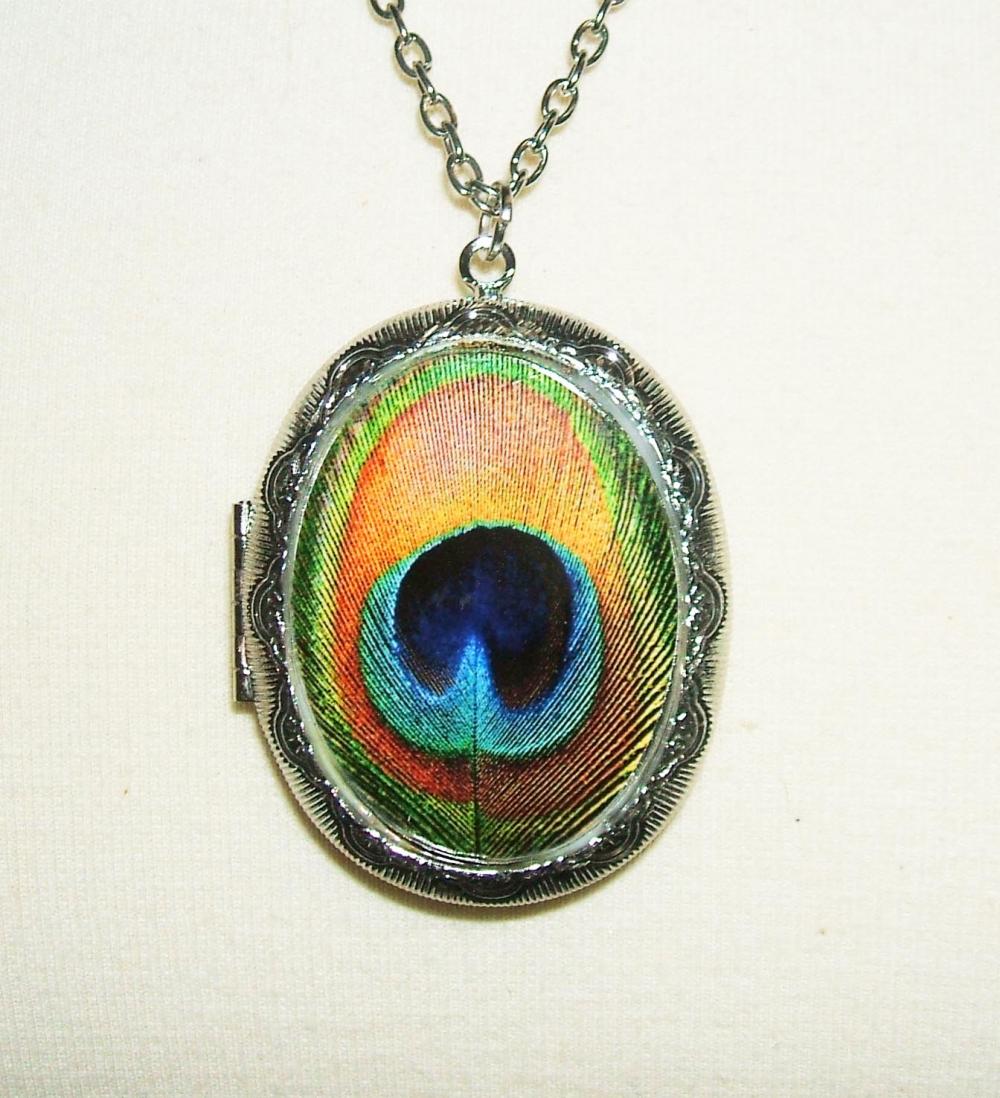 Peacock Feather Necklace Locket Altered Art Pendant on Luulla